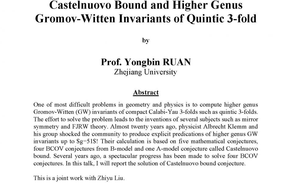 Department of Mathematics - Seminar on Pure Mathematics - Castelnuovo Bound and Higher Genus ...